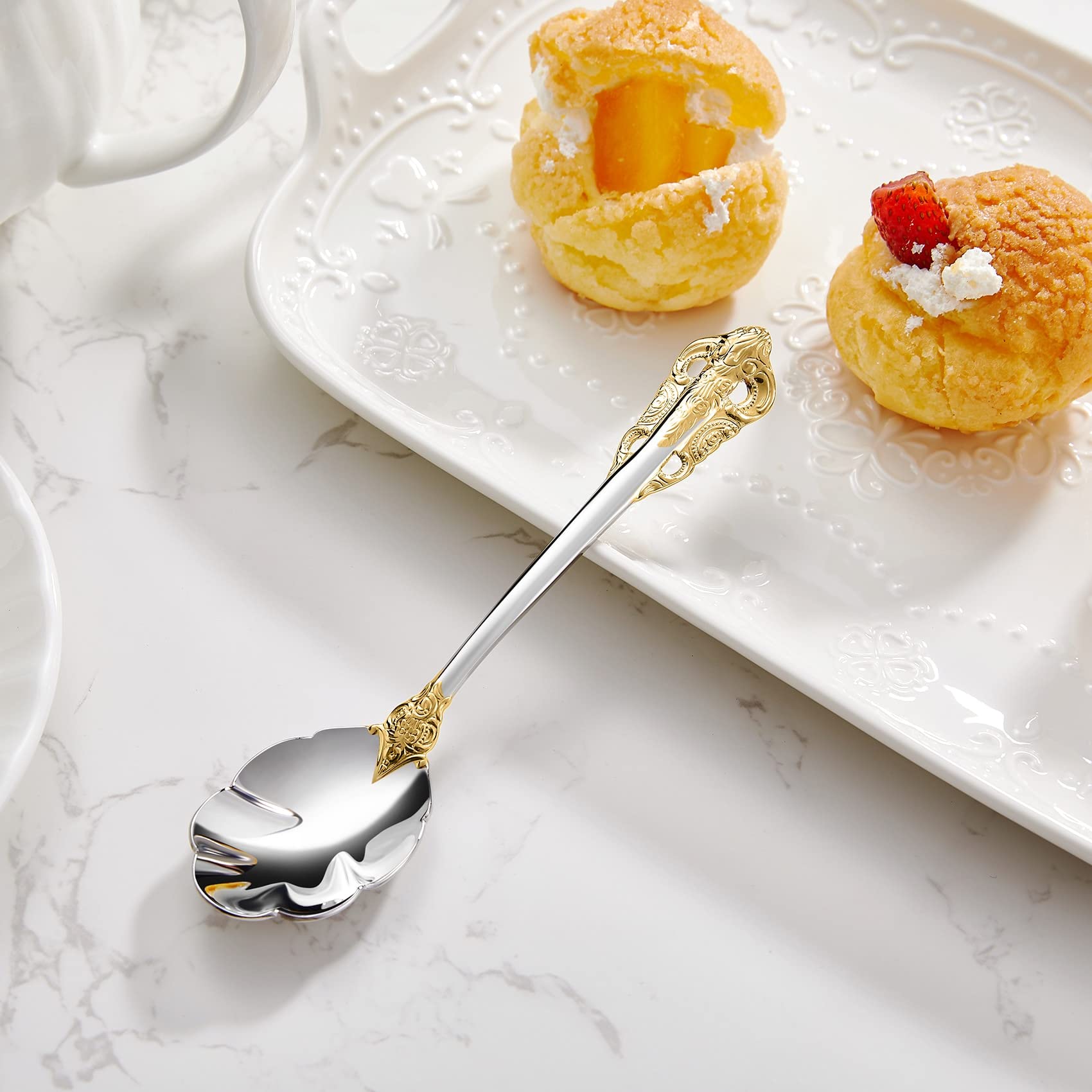 KEAWELL 6" Tea Spoons Set of 4, Coffee Espresso Demitasse Vintage Tea Spoon, 18/10 Stainless Steel, Gold Accent