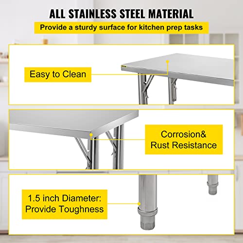 VEVOR 48 x 30 Inch Folding Commercial Prep Table Commercial Worktable Workstation, Heavy-Duty Stainless Steel Folding Table with 220 lbs Load, Silver Stainless Steel Kitchen Island,Kitchen Work Table