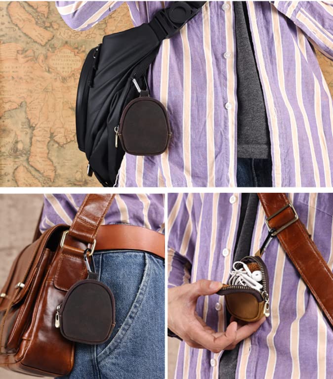 Tomcrazy Coins Mini Backpack Bag Genuine Leather Carrying Case for AirPods Pro 2 1 3, Galaxy Buds, Sony LinkBuds S WF-L900 WF-1000XM4 Cover, Car Keys, Access Card Keychain (Coffee)