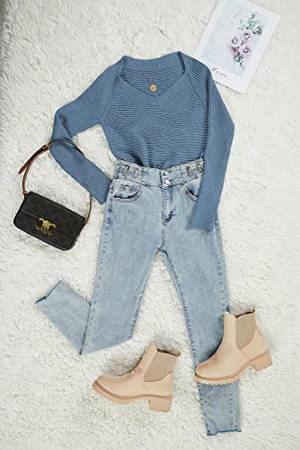 Women V Neck Sexy Crop Sweater Pullover Long Sleeve Ribbed Knit Fitted Slim Casual Tops Blue