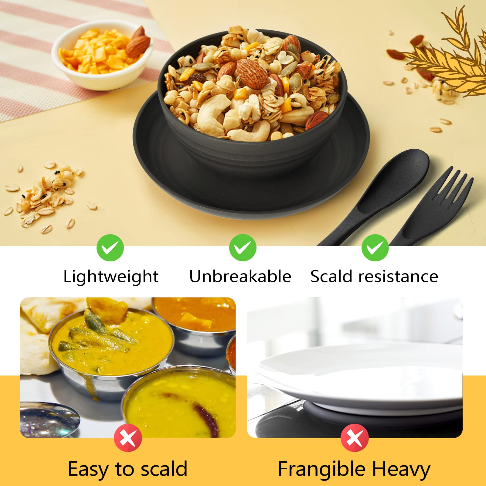 Teivio 12-Piece Kitchen Plastic Flat Wheat Straw Dinnerware Set, Service for 4, Dinner Plates, Cereal Bowls, 20oz Cups, Unbreakable Plastic Outdoor Camping Dishes, Black Matte