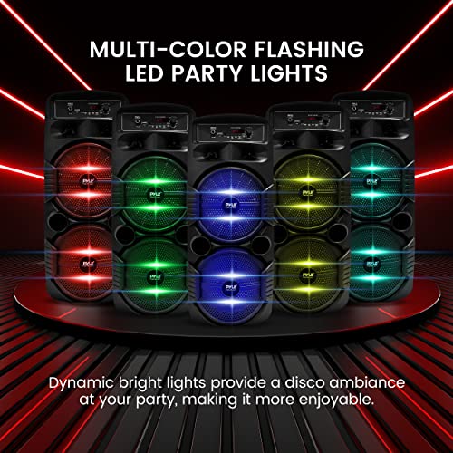 Pyle Portable Bluetooth PA Speaker System - 600W Rechargeable Outdoor Bluetooth Speaker Portable PA System w/ Dual 8” Subwoofer 1” Tweeter, Microphone In, Party Lights, USB, Radio, Remote - PPHP2835B