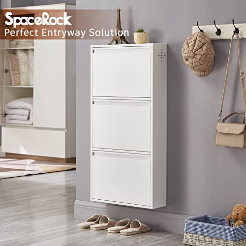 SPACEROCK 3 Drawer Shoe Storage Cabinet Wall Mounted & No-Assembly 20β Metal Shoe Cabinet for Entryway, Hallway, and Corridor, Holds 9 Pair Shoes (White, 20 Inches)