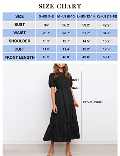 ZESICA Women's 2023 Casual Summer Crew Neck Short Puff Sleeve Smocked High Waist Ruffle Tiered A Line Midi Dress,Black,Medium