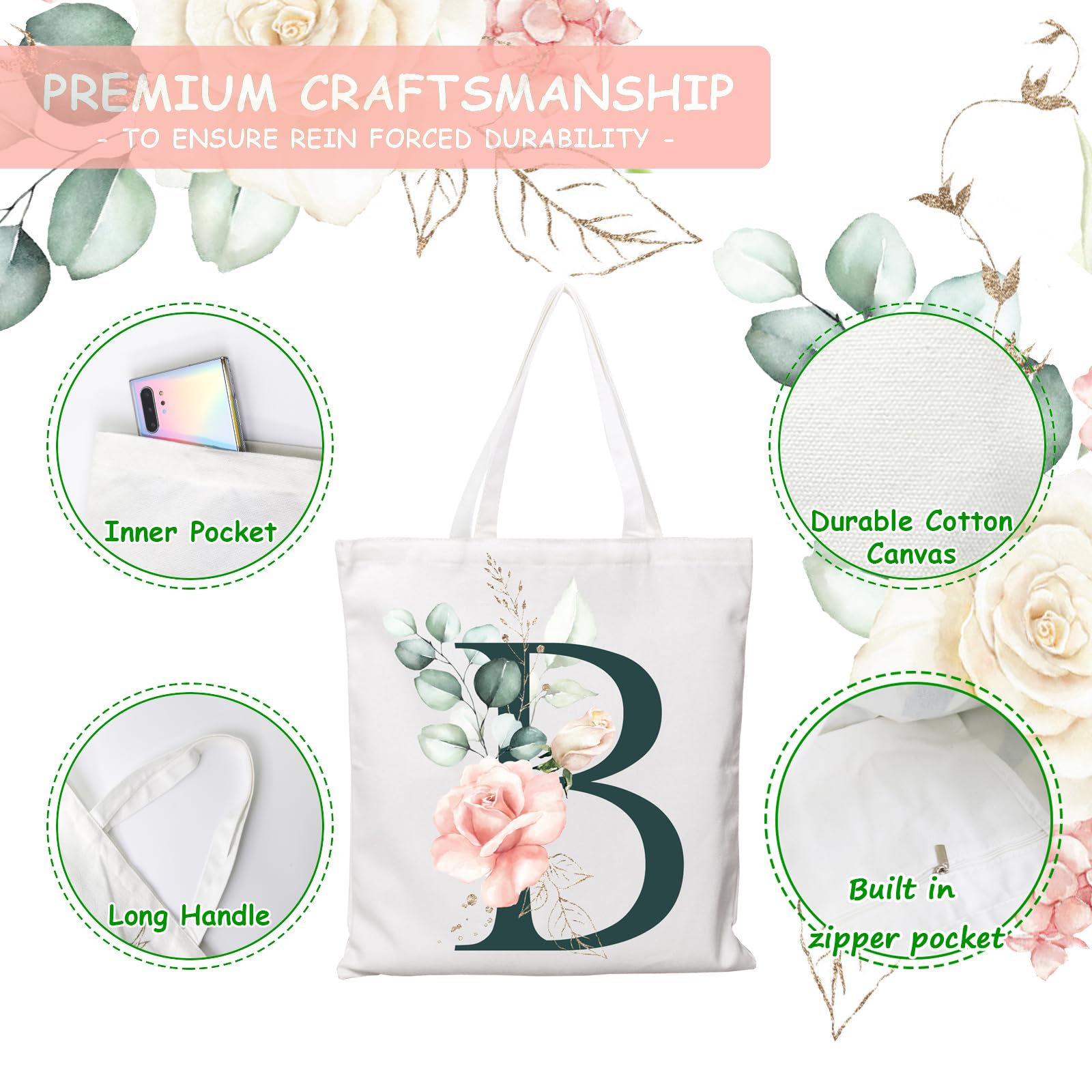 meetyours Initial Tote Bag and Letter Cosmetic Bag Canvas Beach Bag Bridesmaid Birthday Wedding Bachelorette Party Gift (a)