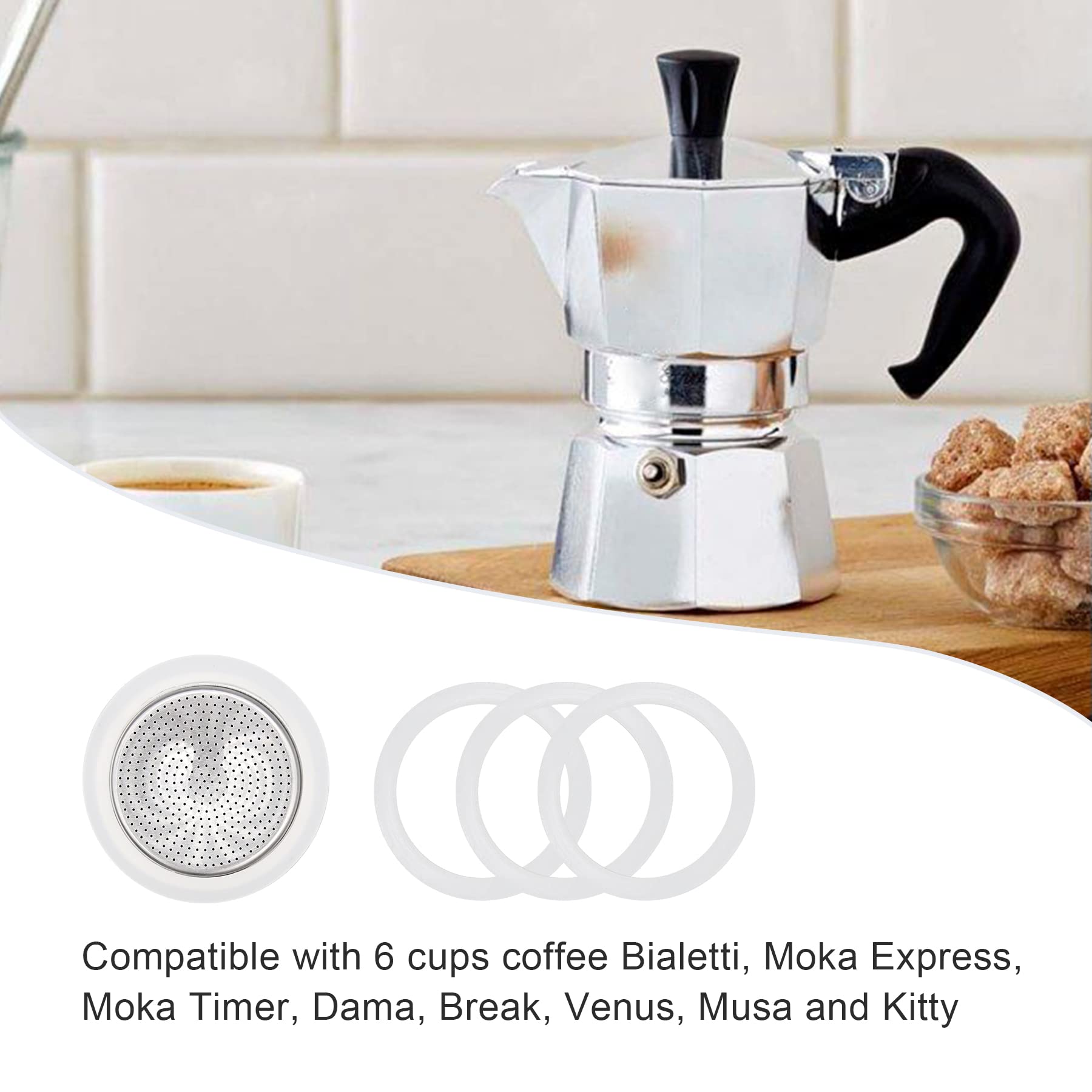 MEFONKOU 6 Cups Coffee Gasket for Bialetti Moka Aluminium Stove top Coffee Maker Pots Express - 4 Gasket and 1 Stainless Filter