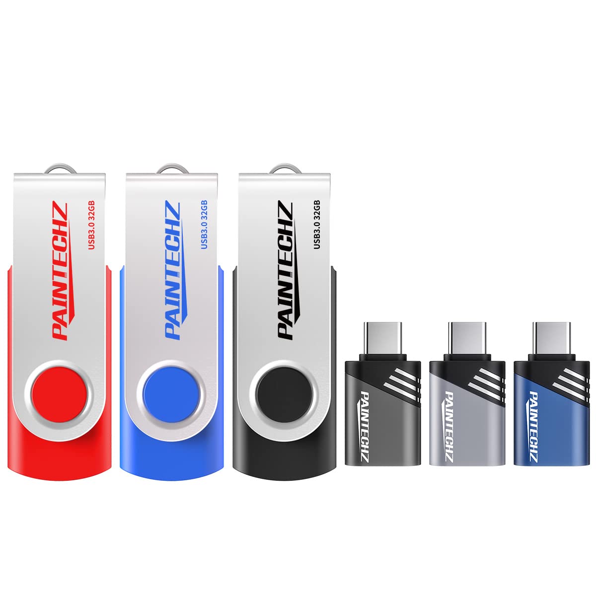 Paintechz 32GB USB 3.0 Flash Drive 3 Pack, Thumb Drive, Memory Stick with USB3.0 Type C Adapter Bundle - Red, Blue, Black