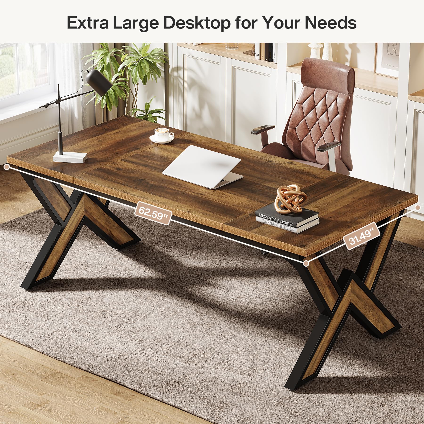 Tribesigns 63 Inches Large Office Desk, Modern Executive Computer Desk with Thickened Frame and Board, Executive Office Desk Workstation Business Office Furniture, Rustic Brown & Black