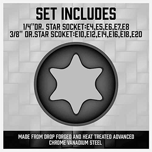 SEDY 11-Piece E-Torx Socket Set - Star Socket Set with Socket Rail, External Torx Socket with Socket Organizer, External Torx Socket Set, E4 E5 E6 E7 E8 E10 E12 E14 E16 E18 E20 Reverse Torx Socket Set
