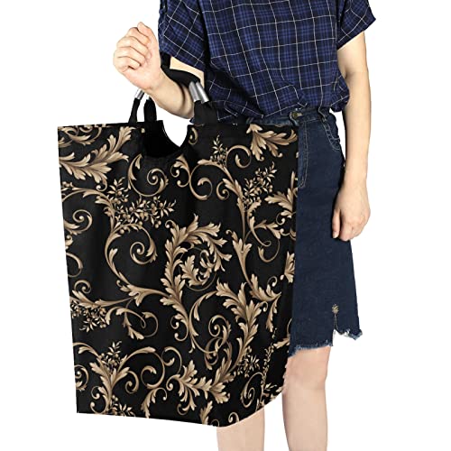 susiyo Large Laundry Basket Gold Black Baroque Pattern, 22.7inch Laundry Bag Hamper Collapsible Storage Bin with Handles