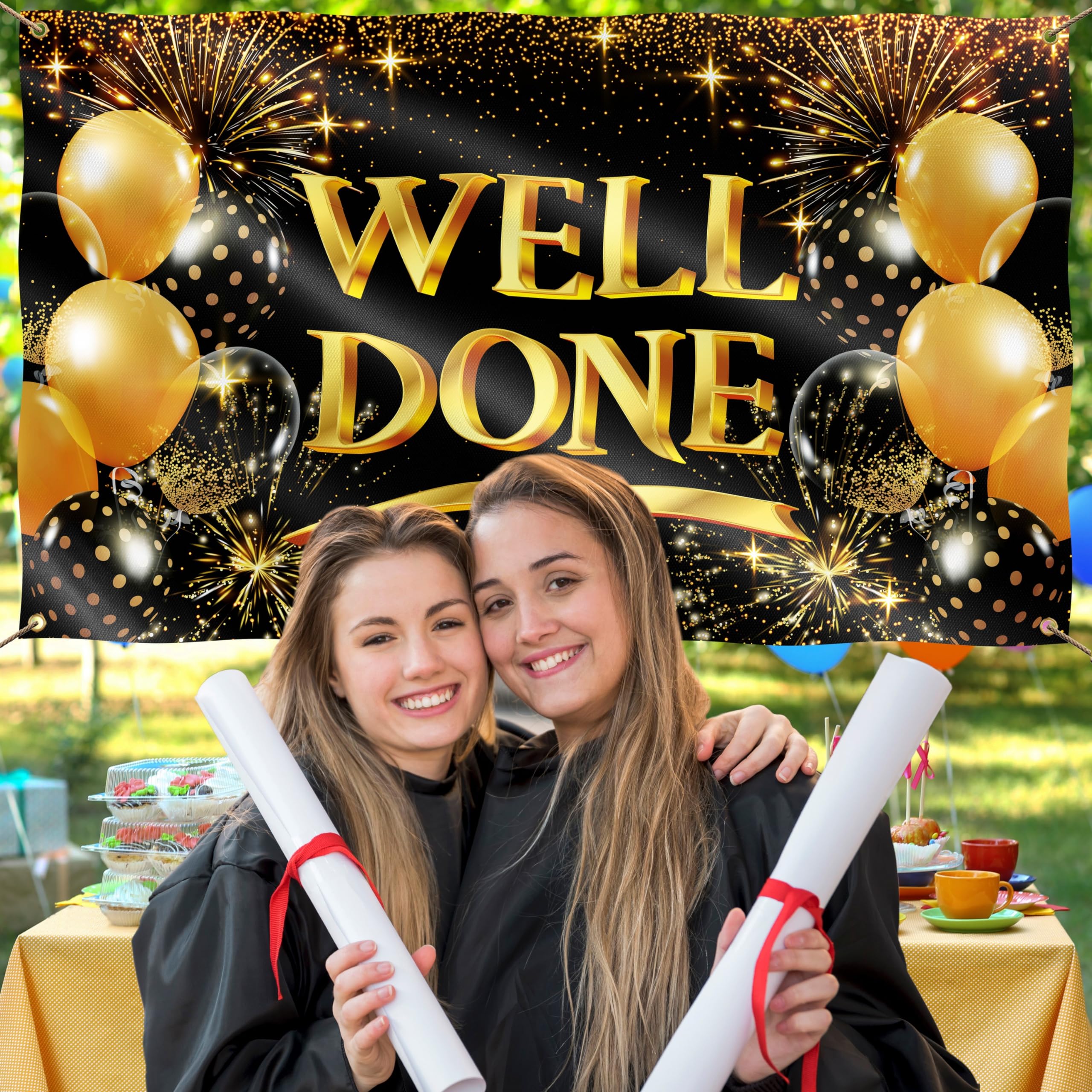 Well Done Banner - Congratulations Banner - Congratulations Decorations - Congrats Banner - We are so Proud of You Banner - Graduation Banner - Graduation Decorations - 5ft x 3ft (Black & Gold)