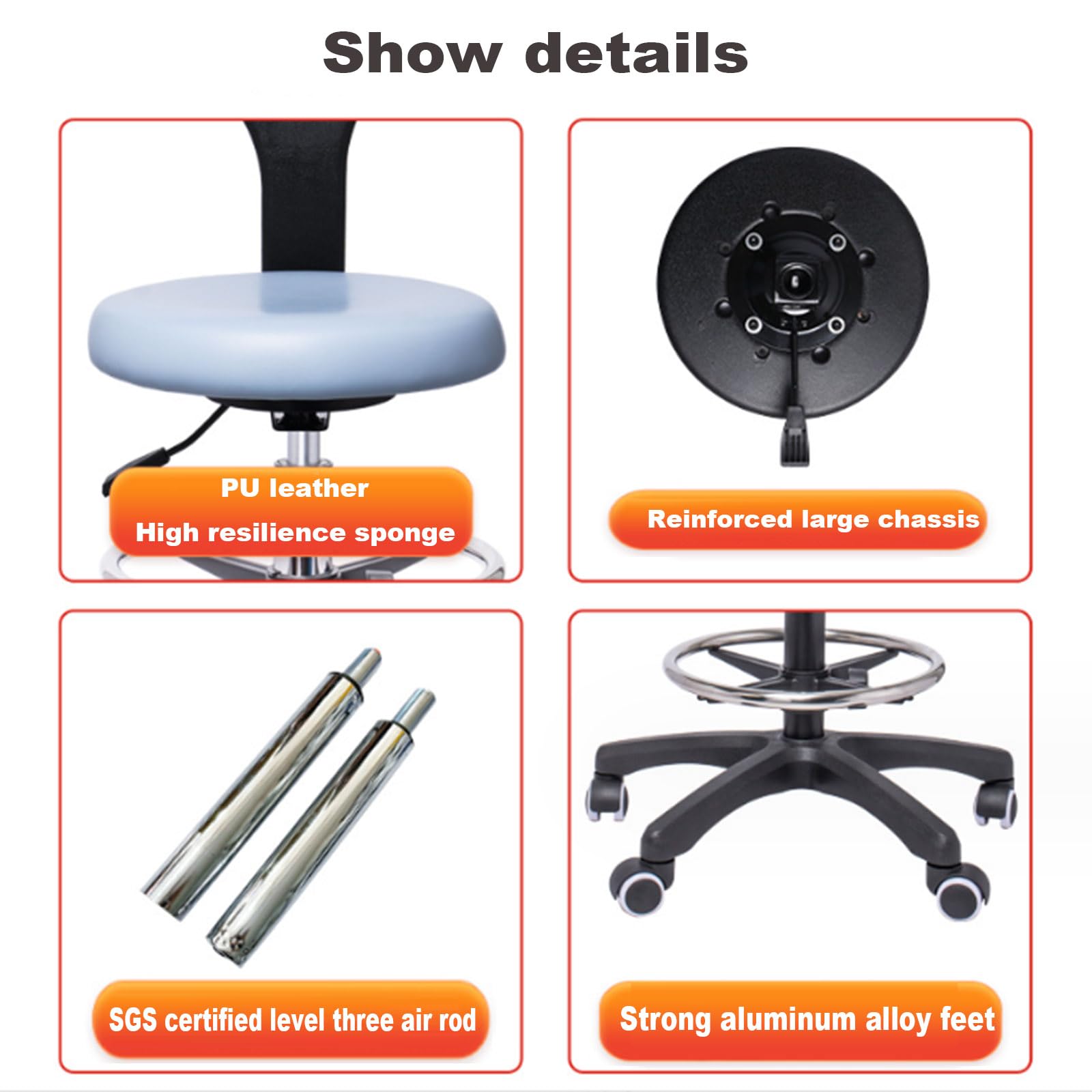 SFKLYU Rolling Stool Dental Chair Assistant Stool 360° Rotation Armrest PU Leather Dental Stool for Office Dentist Shop Lab and Home Use,44~58cm