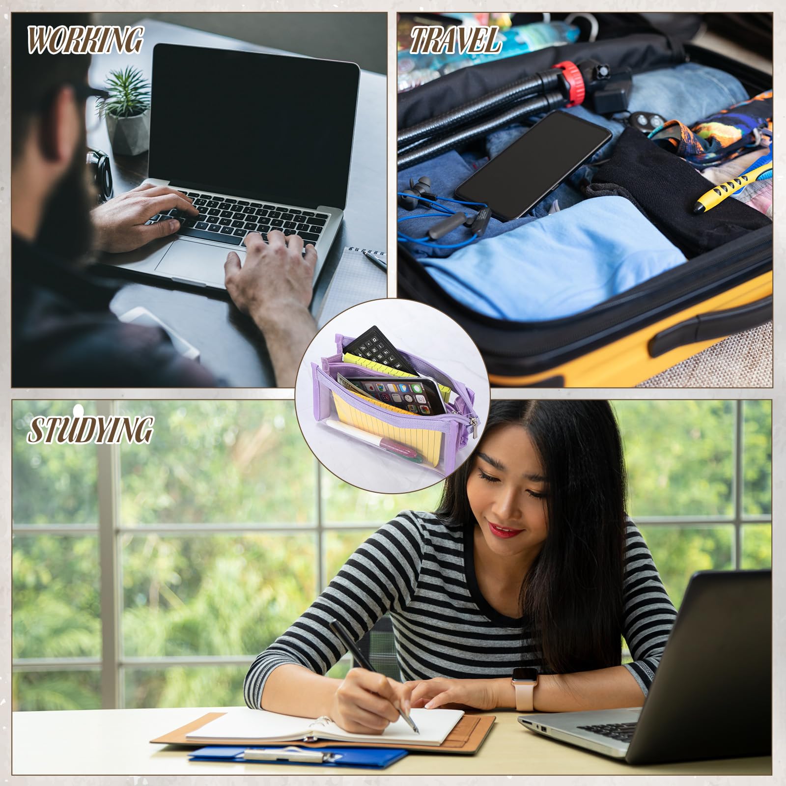 Sinload ββββ4 Pcs Pencil Case with Zipper Pencil Pouch for School 6 Layers Pencil Pouch Stationery Organizer Pencil Pouch Large Capacity for Pens, Makeup or Jewelry Violet, White, Black, Green