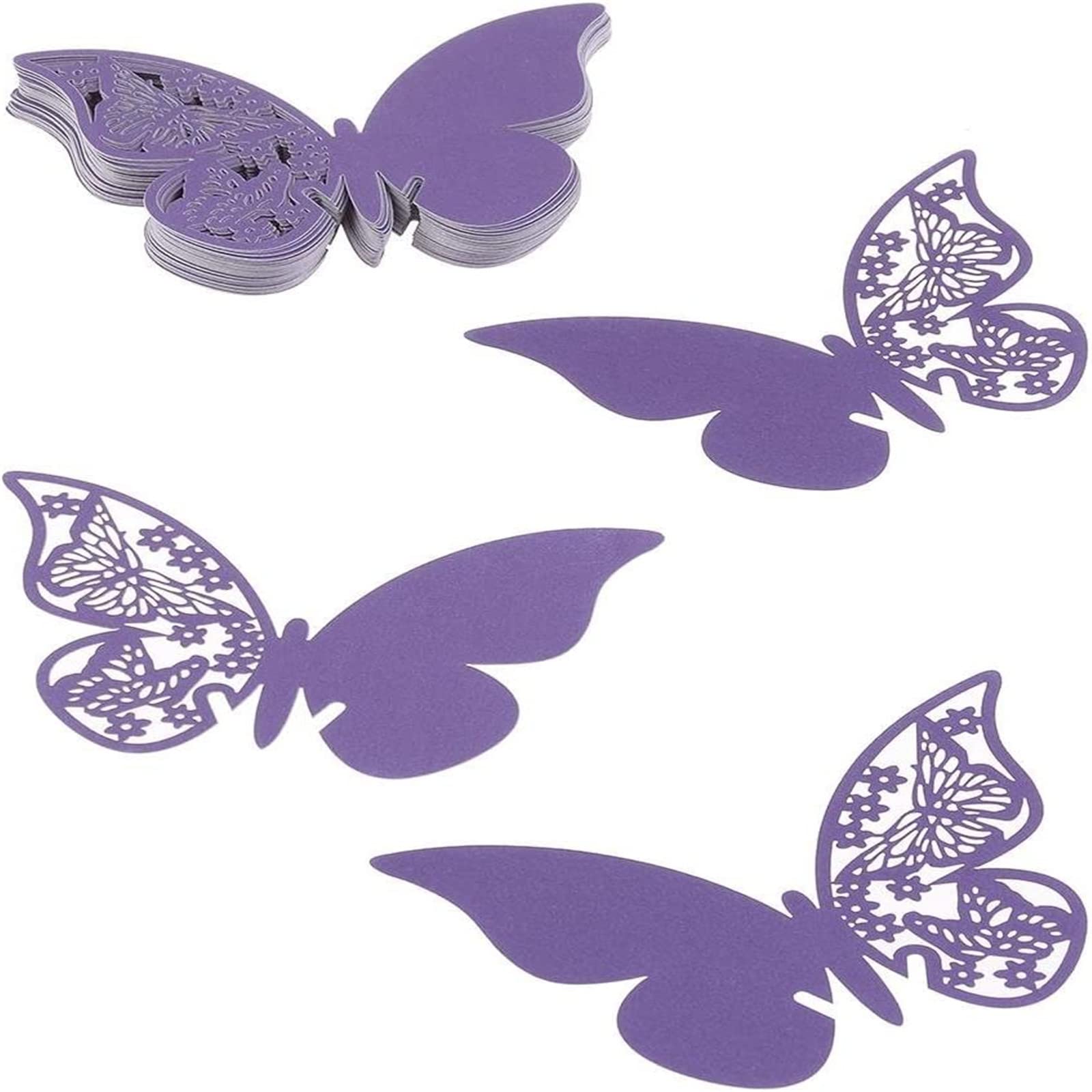 WarmShin 100 Pcs Butterfly Wine Glass Cards Name Place Cards Laser Cut Wine Cup Decoration Postcards Wedding Centerpieces Table Decoration (Pink&Purple)