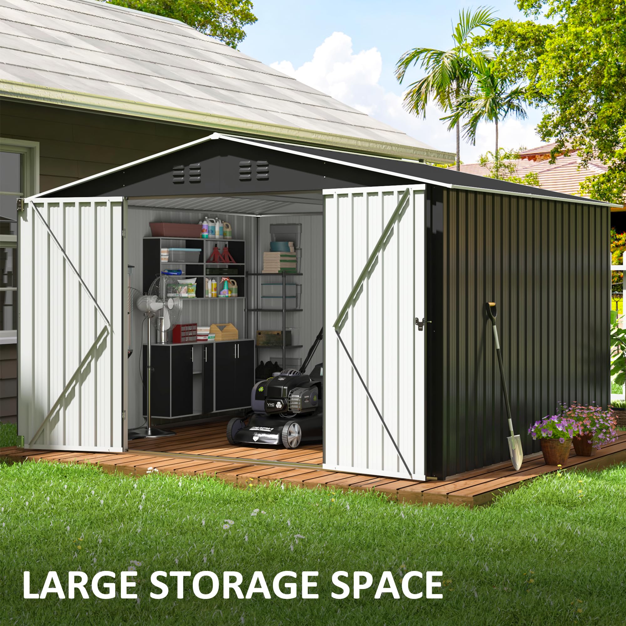 VIWAT 10x8 FT Outdoor Storage Shed, Large Garden Shed with Updated Frame Structure and Lockable Doors, Metal Tool Sheds for Backyard Garden Patio Lawn, Black