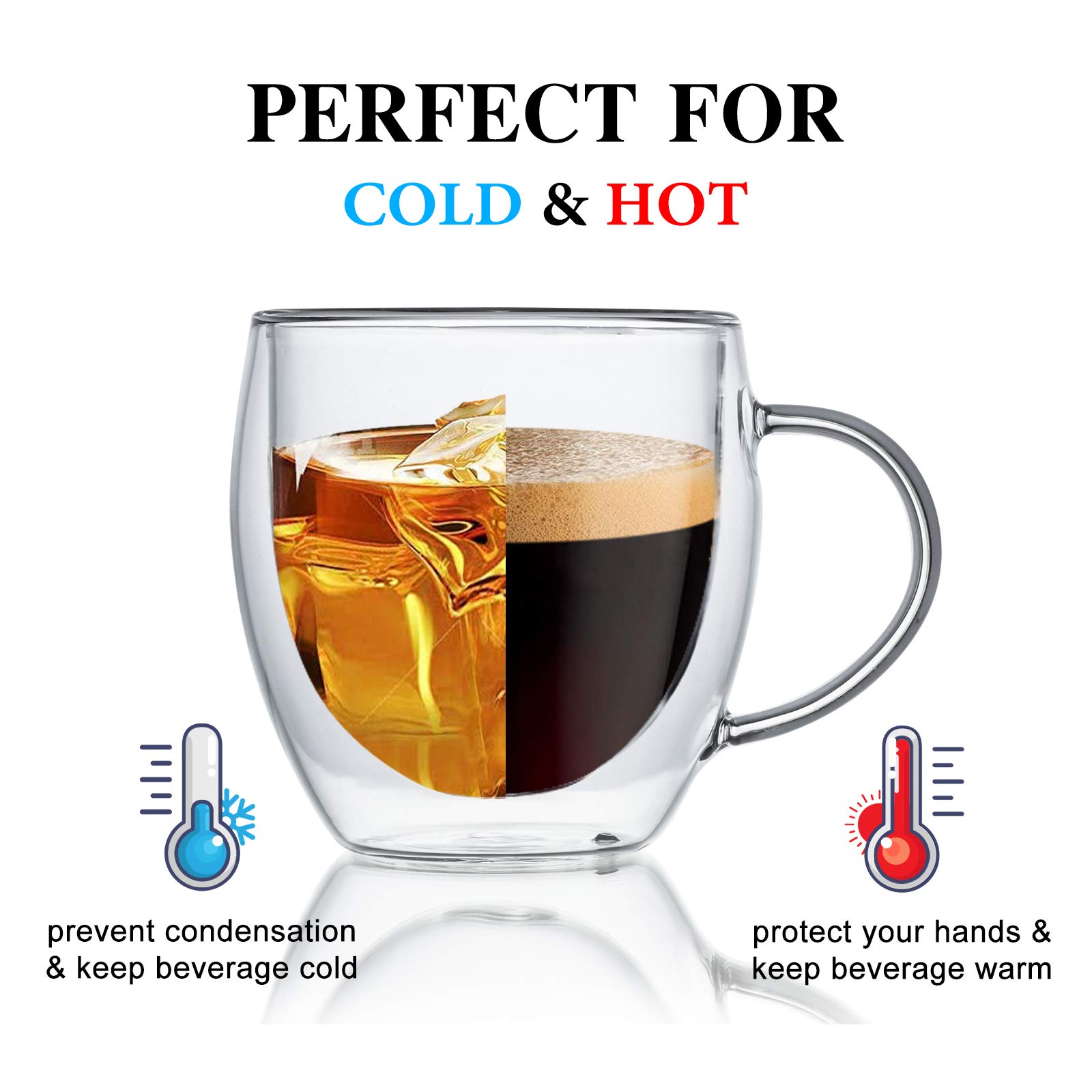 KitchenTour Insulated Coffee Mug 8 oz- Double Wall Glass Coffee Cup with Handle Set of 4 - Clear Glass Drinkware for Espresso,Cappuccino, Latte,Hot Beverages