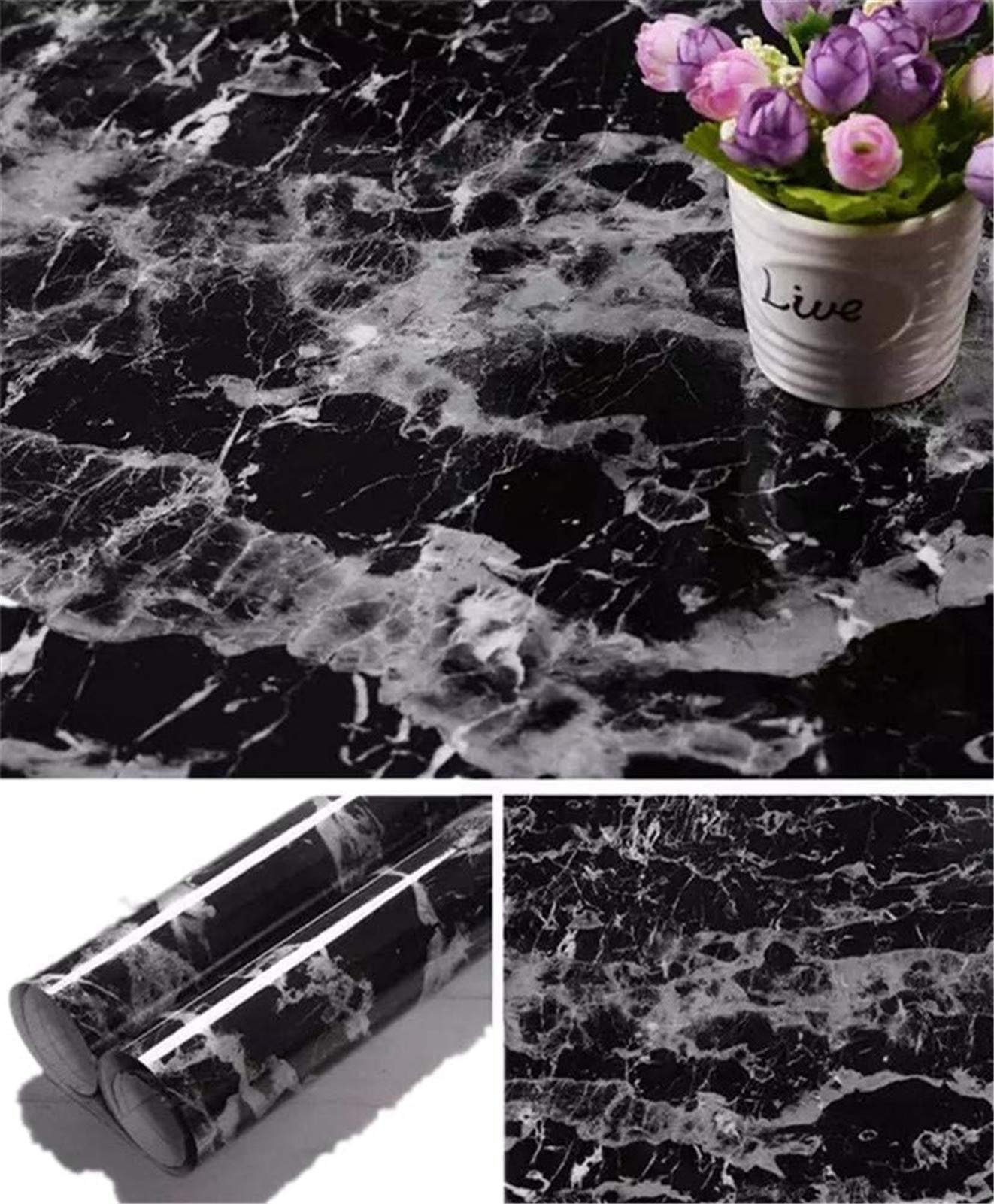 Yancorp Black Marble Contact Paper Black Peel and Stick Wallpaper Self Adhesive Countertop Removable Vinyl Wrap Bachsplash Shelf Liner (11.8" x 78.7")