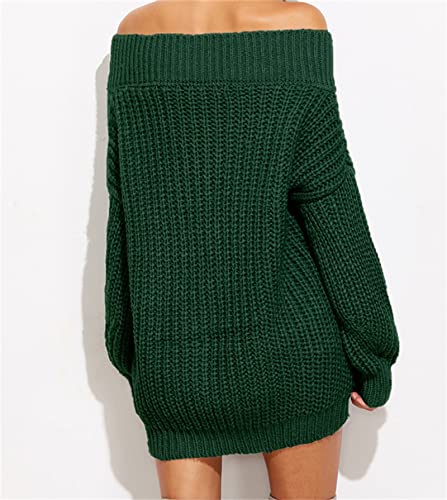 Women's Off Shoulder V Neck Knit Sweater Long Sleeve Waffle Knit Pullover Casual Loose Cable Jumper Tops (3X-Large,Green)