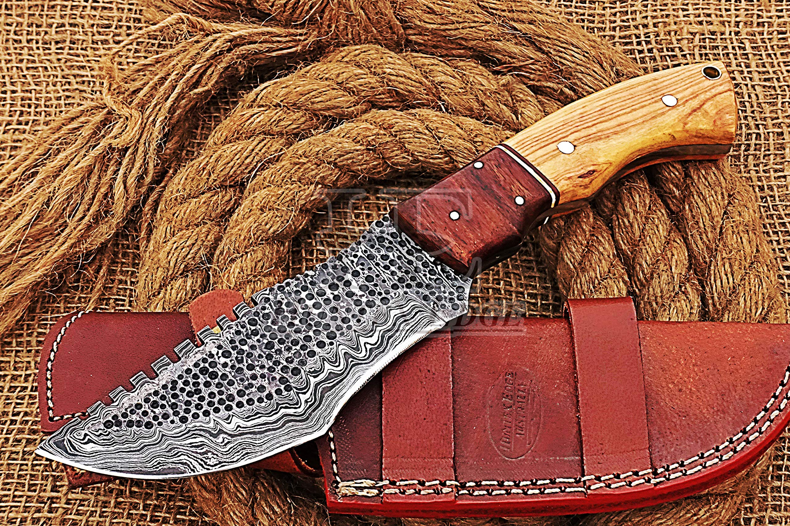 HUNTEX Handmade Exposed Hand-Forged Ladder Pattern Damascus Steel 10 Inch Long Full Tang Oak Wood Handle Razor Sharp Hunting Camping Tracker Knife w/Genuine Leather Pouch