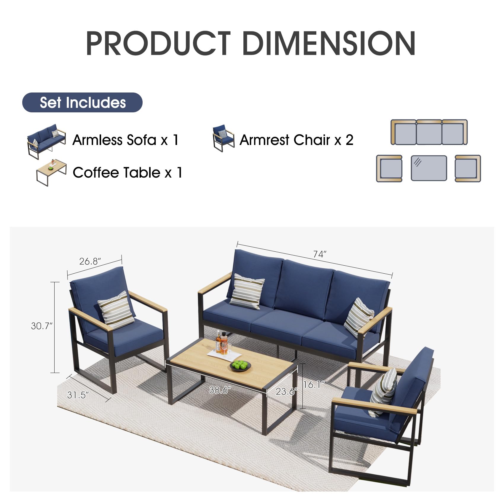 Temminkii Outdoor 4 Pieces Furniture Sets Modern Aluminum Patio Conversation Sets Sectional Sofa w Blue Cushion Faux Wood Grain Frame Coffee Table for Garden Courtyard Poolside