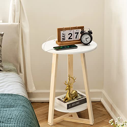 TINSAWOOD Side Table with Charging Station, Small Boho Round End Table with Two-Tier Storage for Living Room, Bedroom & Small Spaces, Easy Assembly