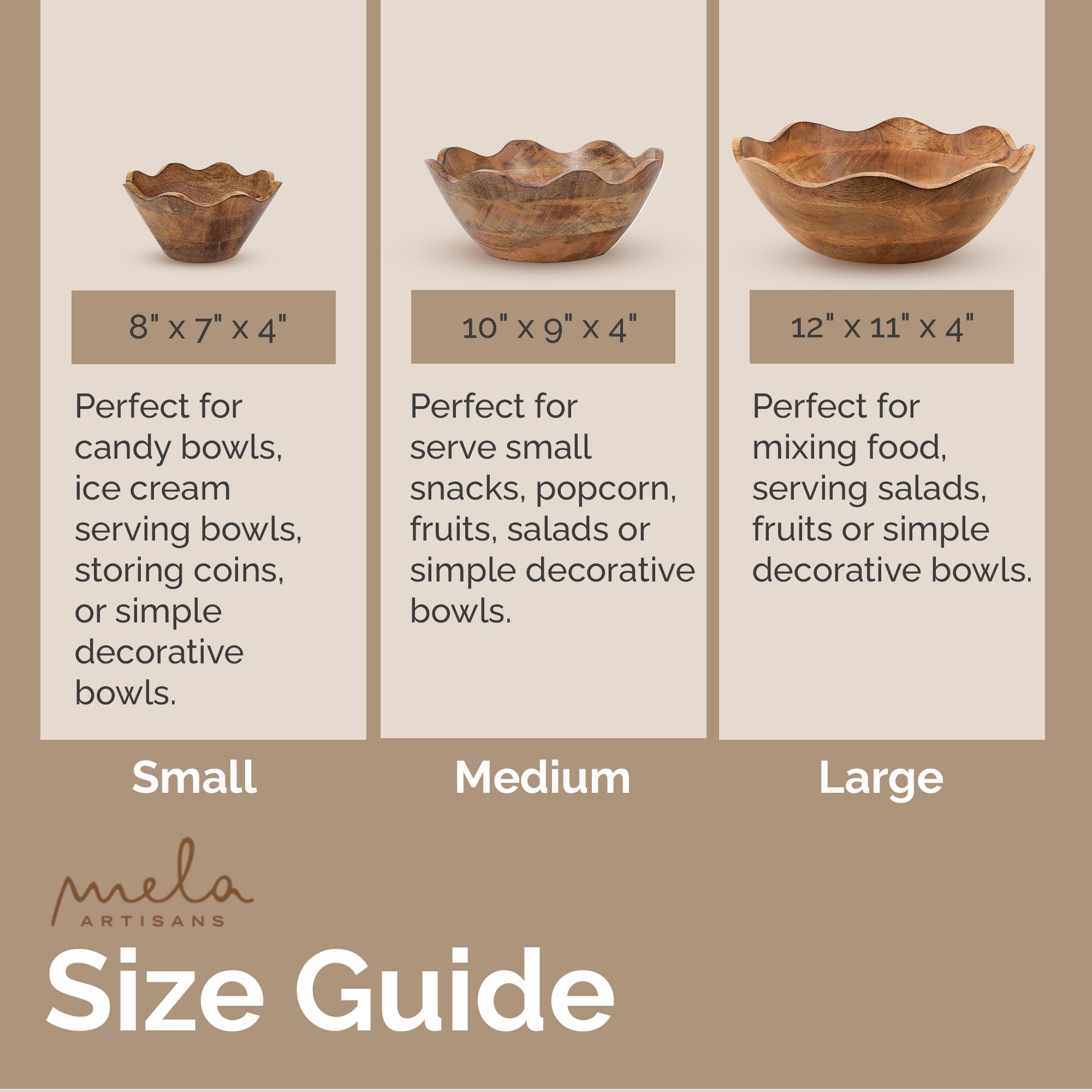 Mela Artisans Wooden Scalloped Bowl - Large | Ruffle Decorative Style | Rustic Kitchen Decor | Mango Wood | Natural Grain Finish | Fits Bread, Fruits, Salad or Popcorn | 12β x 4β x 11β