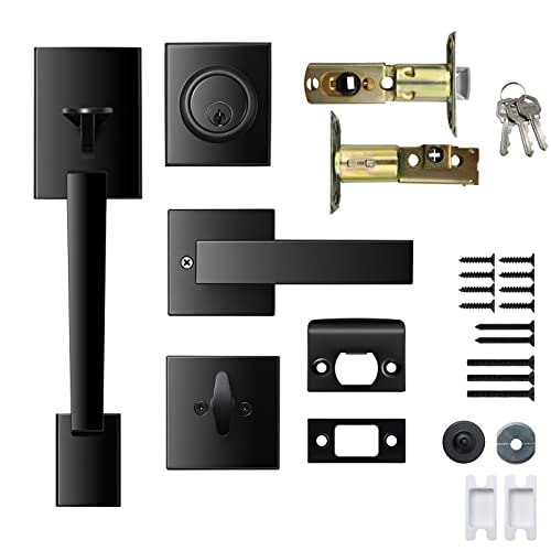 Tionzion Front Door Handle, Single Cylinder Handleset with Deadbolt and Lever Door Handles for Exterior Door, Reversible for Right and Left-Handed, Entry Door Lock Set Matte Black Finish