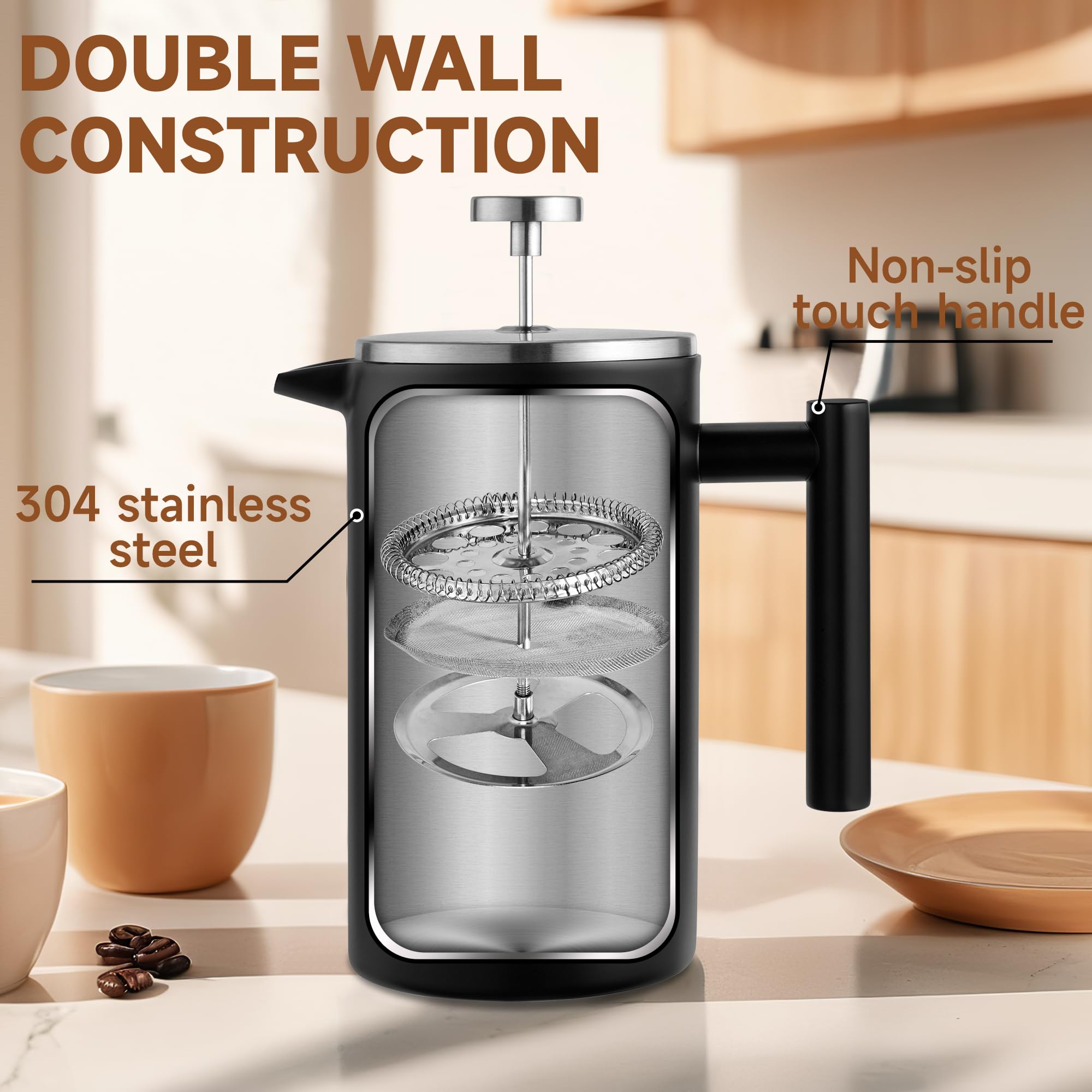 Pukomc French Press Coffee Maker, 34oz (1 Litre) Coffee Press with Double Wall Vacuum Insulated & 304 Grade Stainless Steel,Black