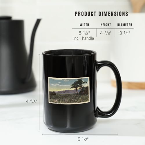 Lantern Press View of Dates Growing near the Salton Sea (15oz Black Ceramic Coffee and Tea Mug, Dishwasher and Microwave Safe)