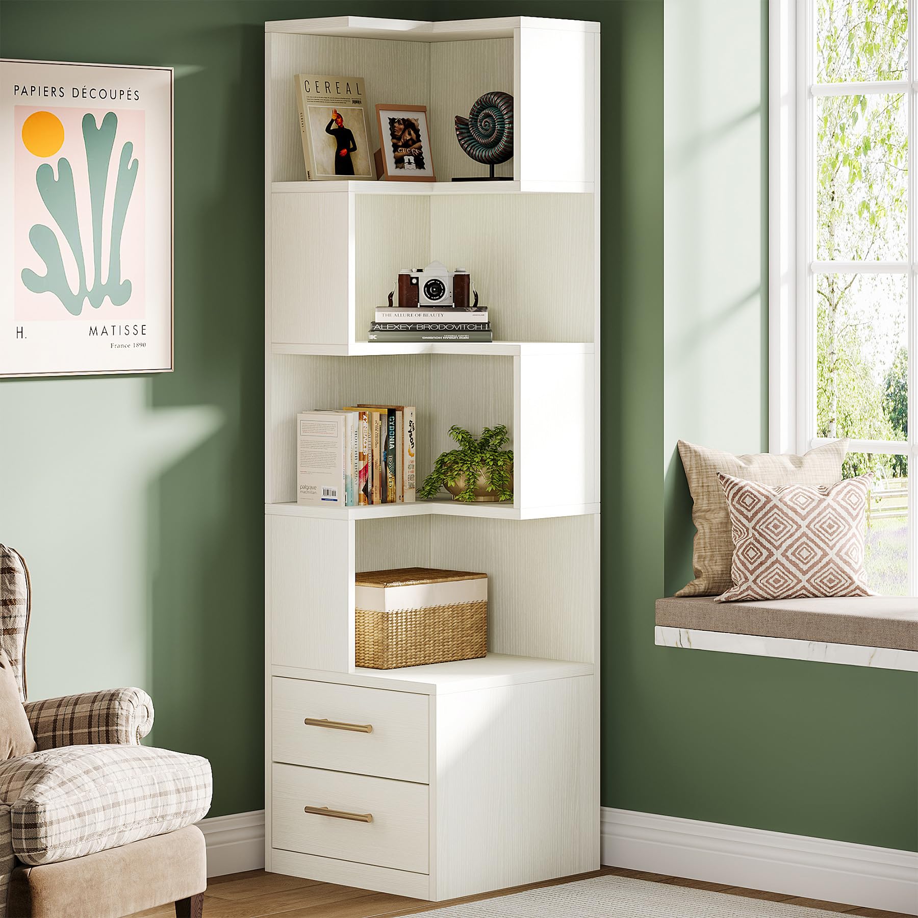 Tribesigns 5-Tier Corner Bookshelf with 2 Drawers, 66.9-Inch Tall Corner Bookcase Shelf, Modern Simple Corner Storage Cabinet Display Rack Shelf for Living Room, Home Office, Beige