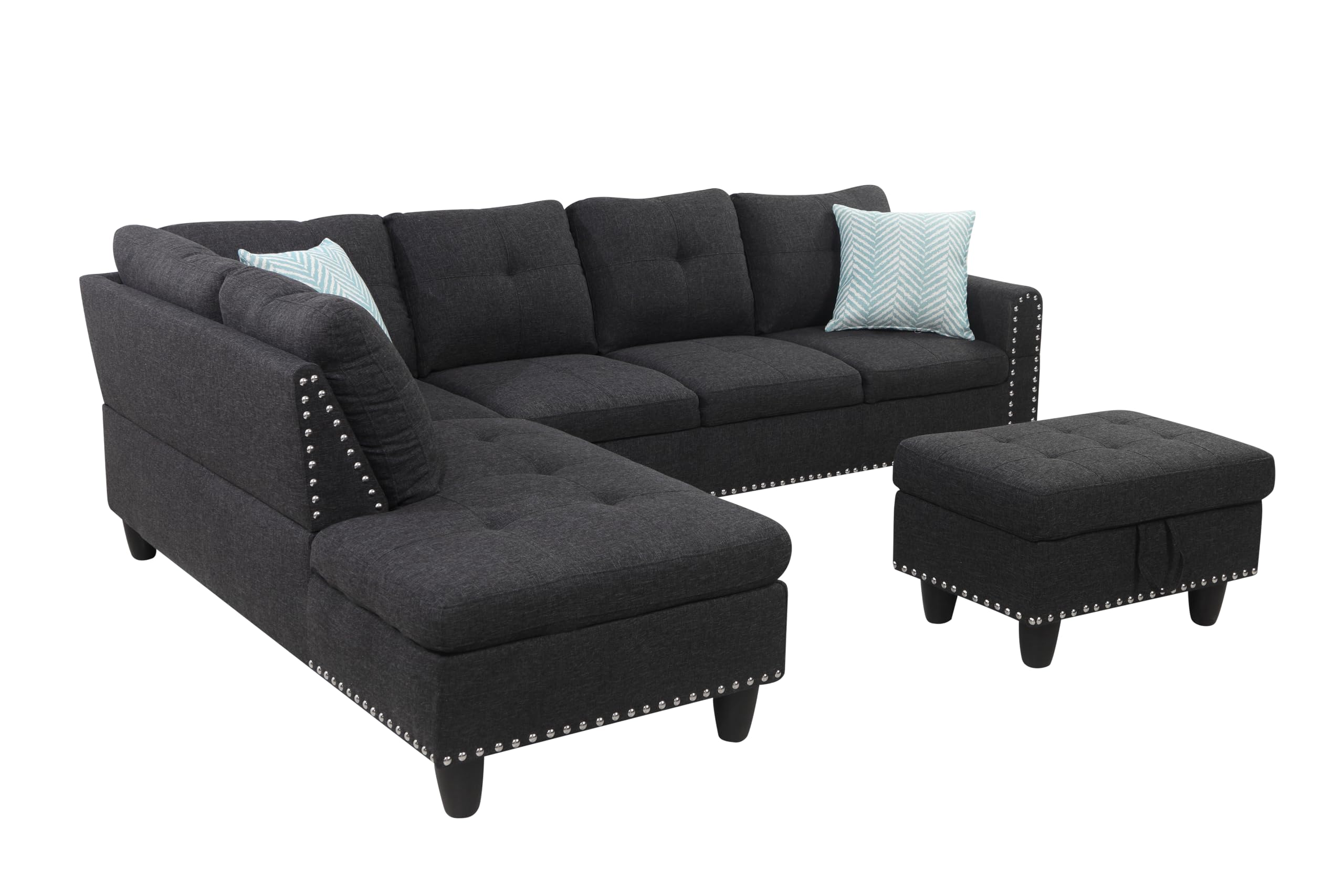 Yehha Upholstered Sofa, L-Shape Sectional Sofá with Removable Ottoman & Left Chaise, Cupholder Console & 2 Pillows, Modern Linen Couches for Apartment, Living Room, Charcoal Grey, Full