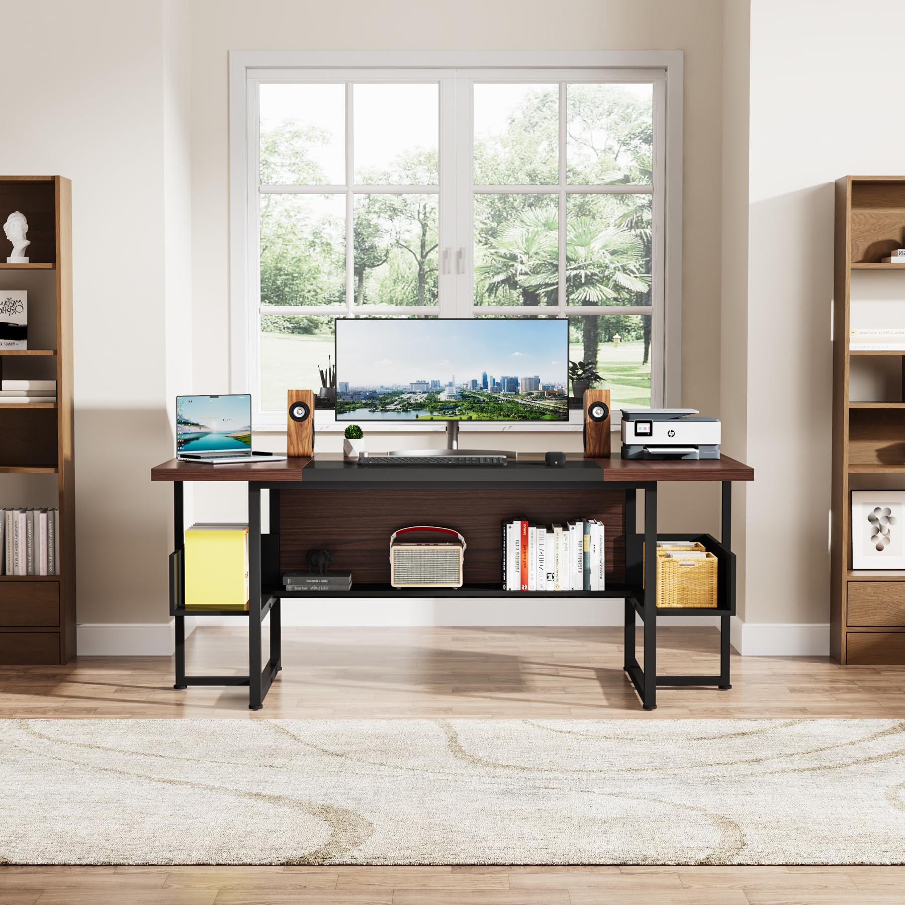 Tribesigns 62 Inch Big Computer Desk with Storage Shelves, Modern Executive Desk Workstation for Home Office Furniture, Walnut & Black