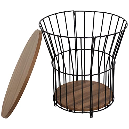 Sunnydaze 17.25-Inch H Modern Pedestal Wire Side Table with Faux Woodgrain Pull-Open Tabletop - Brown