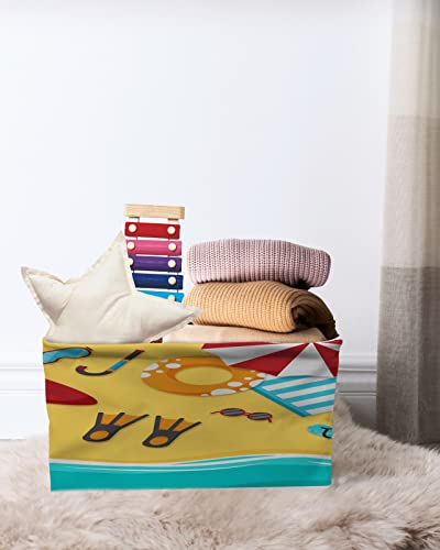Storage Bins,Ocean Summer Beach Ball Surfboard Swim Ring Storage Basket with Handles,Waterproof Collapsible Storage Bin,Cartoon Marine Diving Flip-Flops Storage Organizer Shelves Closet Living Room