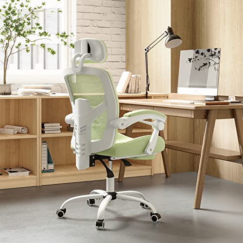 Sweetcrispy Swivel Rolling Padded Armrests Headrest, High Back Lumbar Pillow and Retractable Footrest Ergonomic Home Office, Height Adjustable Reclining Mesh Chair, Green