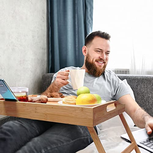 Natural Bamboo Bed Tray Table,Large Breakfast Tray with Handles Folding Legs with Media Slot and with Phone Holder,Foldable Platter Tray,Laptop Desk,Flat TV Tray Kitchen Serving Tray (Yellow)