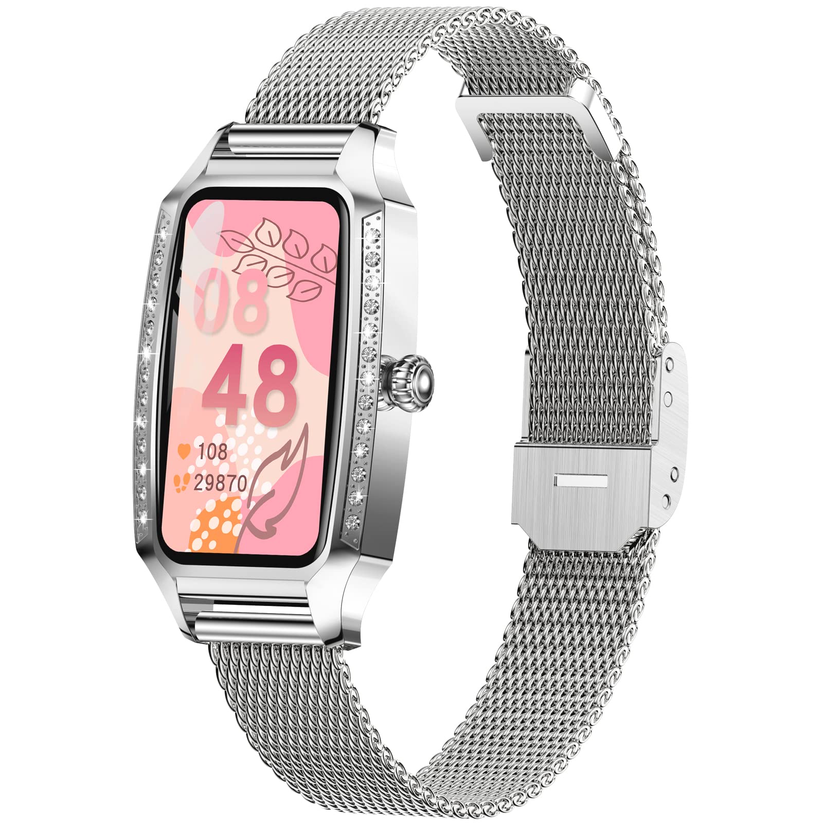 Pard 1.47 Inch Retro Women Smart Watch with Sports Functions, Sleep Detection, Heart Rate Blood Pressure for iOS Android Device, Silver