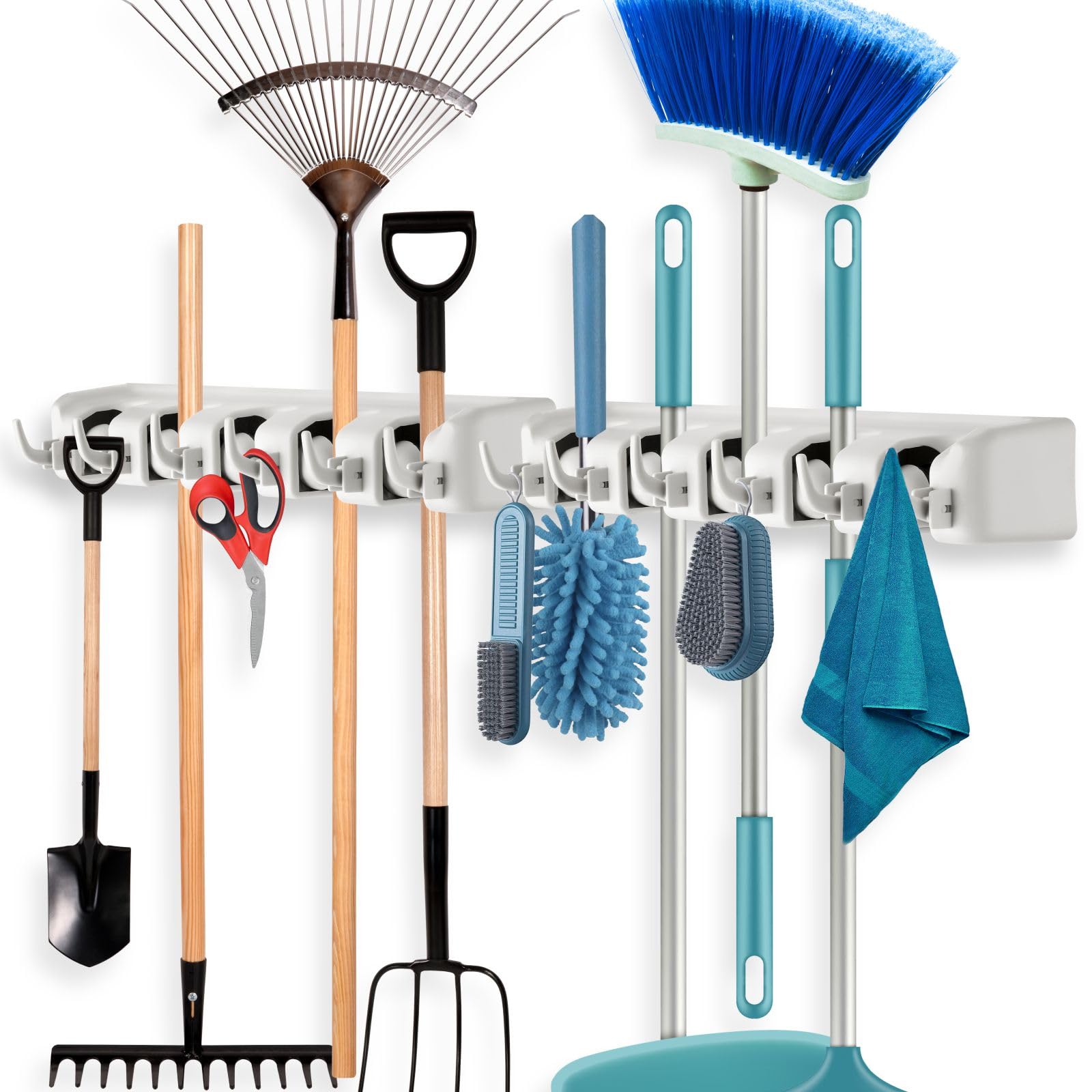 Voolan Broom Holder - Wall Mount Garden Tool Organizer, Home Laundry Room, Closet, Shed, Garage Organization and Storage Utility Rack - Rake, Mop Hanging Hanger (5 Ball Slots 6 Hooks, Black)