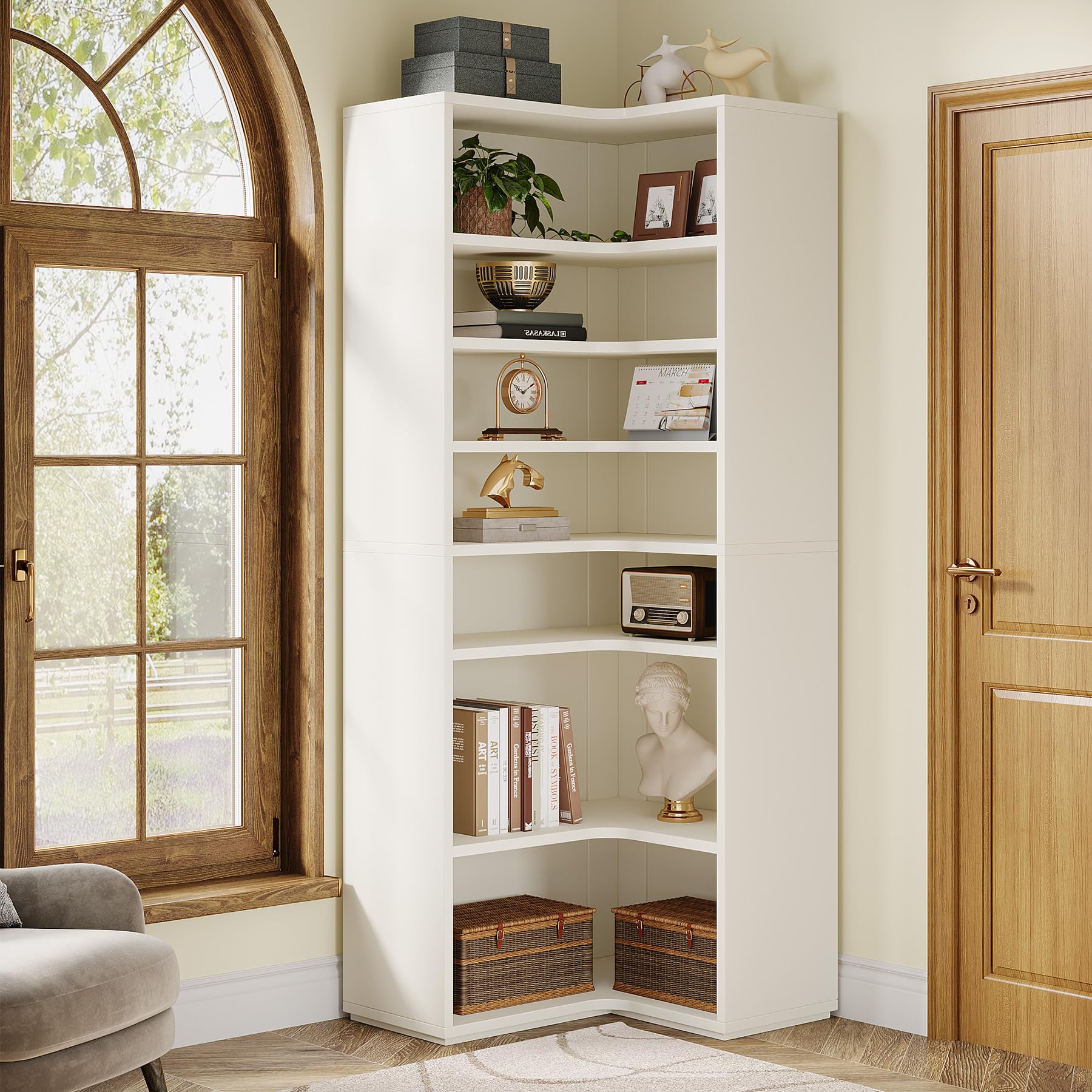 Tribesigns 65" Tall Corner Bookshelf, 9-Tier White Corner Bookcase, Modern Large Open Bookcase with Storage Shelves, Wood Display Storage Book Shelf for Living Room, Home Office, Bedroom