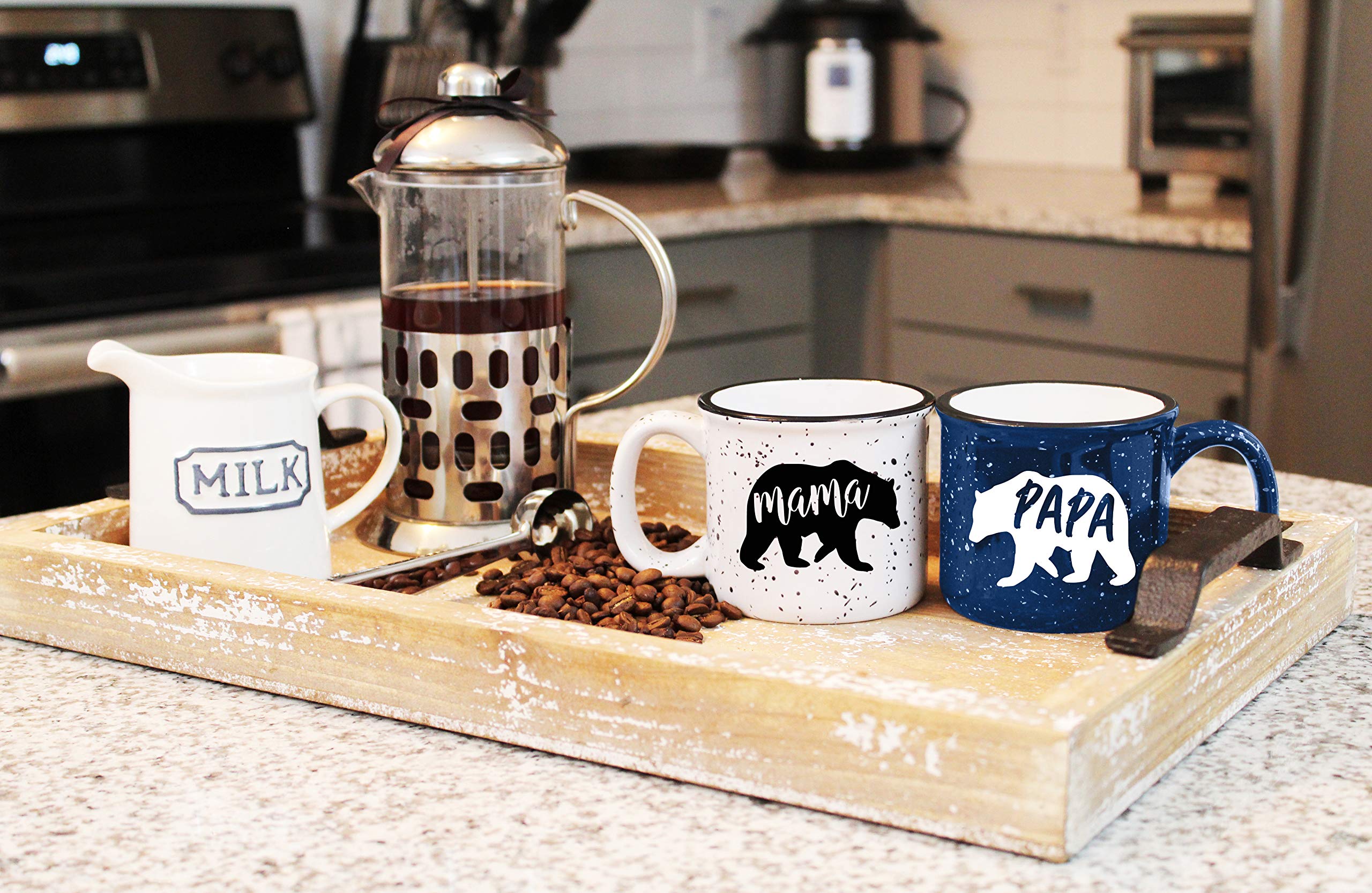 Mama Bear Mug & Papa Bear Mug - 13oz Ceramic Campfire Coffee Mug Set - Pregnancy Announcement New Parents Couples Gifts - Gift Ideas For Expecting Parents (White/Black)