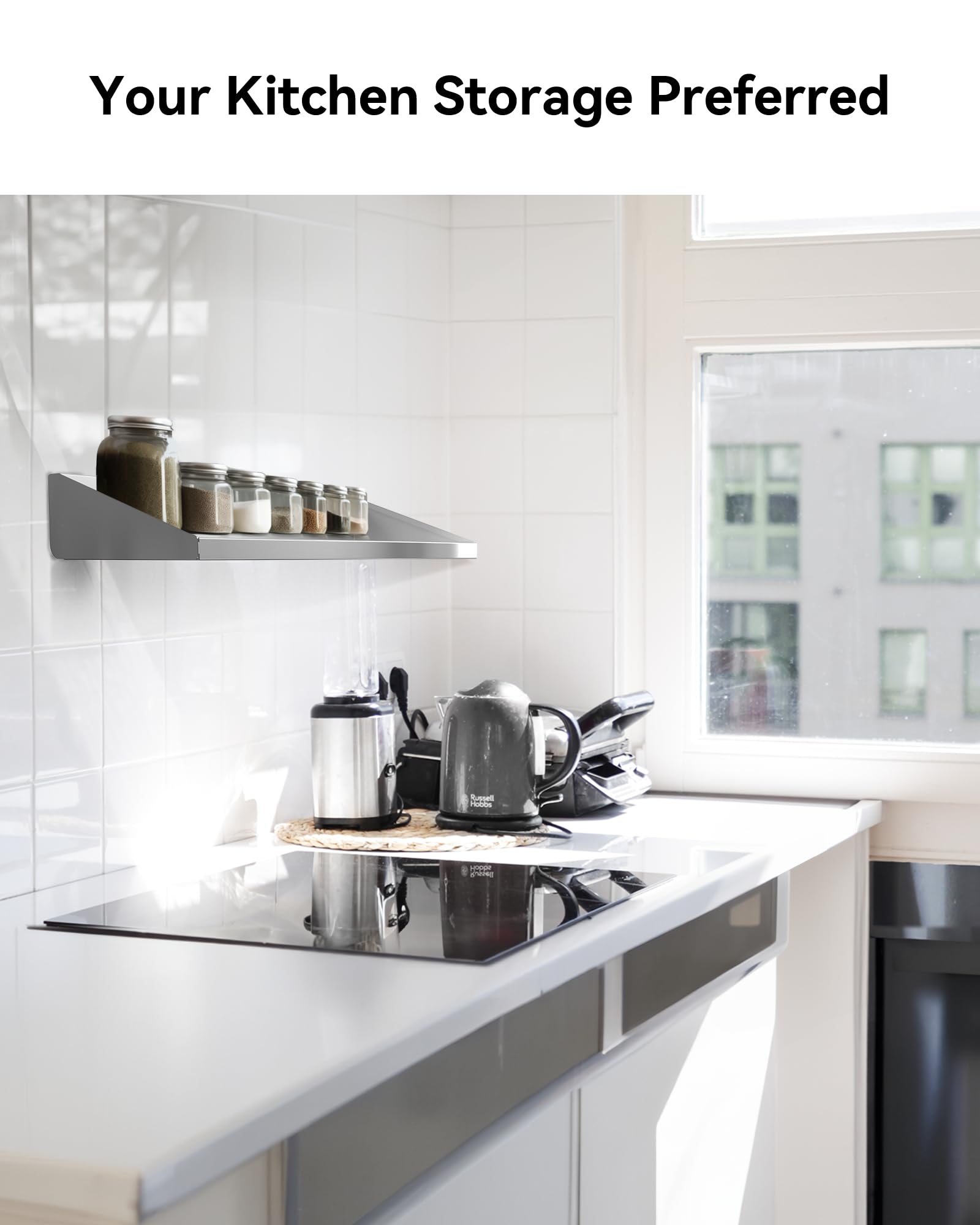 ZeroPone Stainless Steel Wall Shelf 8.6 x 24 Inches 56 lbs Load Heavy, Heavy-Duty Wall-Mounted Floating Shelf with Backsplash, Equipped with Silicone Mat. for Restaurant, Home, Kitchen, Hotel