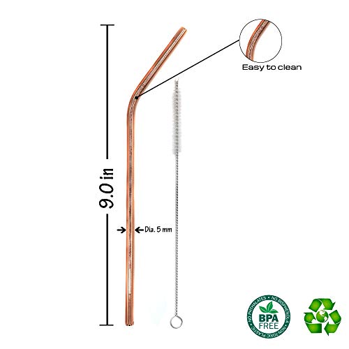Metal Drinking Straws - 5 Rose Gold Reusable Bent Straws with 3 Cleaning Brushes - Copper Plated Stainless Steel for Moscow Mule and More