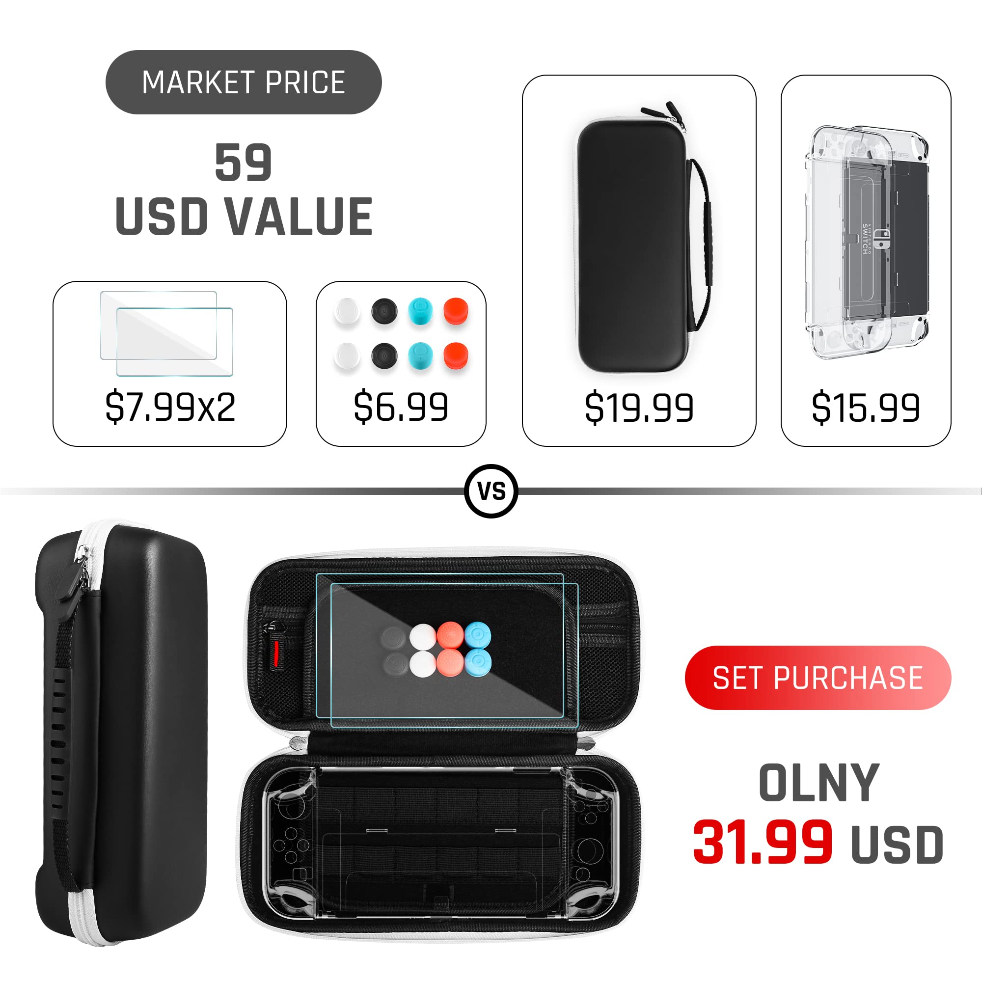 LASTYAL Carrying Case Set Compatible with Nintendo Switch OLED Model, Travel Case Accessories Bundle for Switch OLED with Flip Clear Protective Case, 2 Screen Protector and 8 Thumb Grip Caps