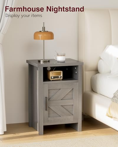 YESHOMY Farmhouse Modern Nightstand with Shelf and Barn Door, Set of 2 for Bedroom, Gray