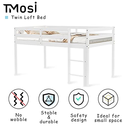 Tmosi Low Loft Bed Twin,Solid Wood Kids Twin Bed Frame with Ladders and Guard Rails,Space Saving Twin Size Loft Bed for Girl Boy,No Box Spring Needed,Easy to Assembly (Built-in Ladder-White)