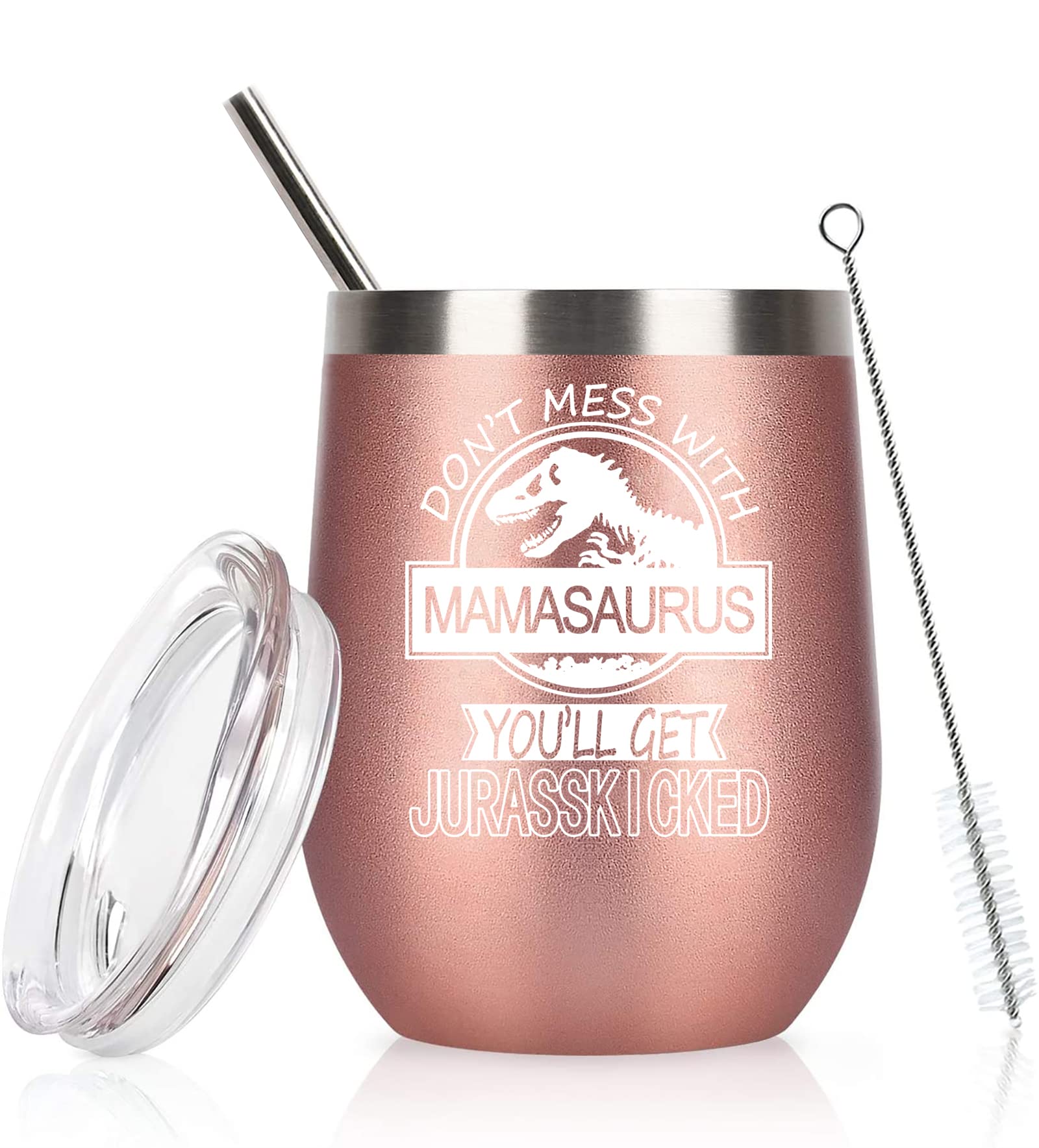 Mamasaurus Tumbler Don't Mess with Mamasaurus You'll Get Jurasskicked Tumbler Birthday Mothers Day Gifts for Mom from Daughter Son Kids Mom Gifts 12 Ounce with Gift Box Rose Gold