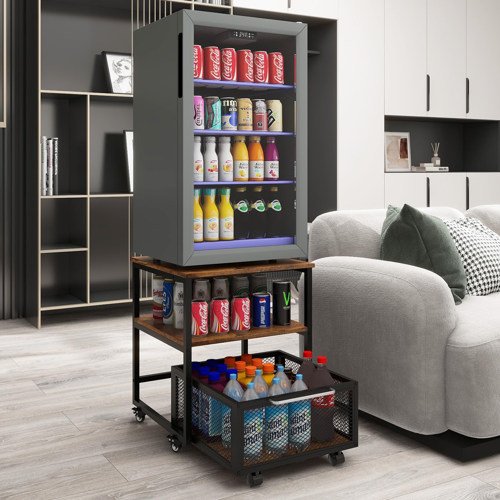 PUNCIA 19.7x19.7in Mini Fridge Stand with Storage and Wheels Heavy Duty Mini Fridge with 4 Lockable Wheels Table Beverage Refrigerator Stand for Coffee Bar Fridge Car for Office Home Bedroom Dorm