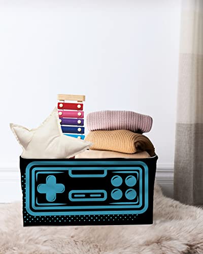 Video Game Cube Storage Organizer Bins with Handles,1PC Collapsible Canvas Cloth Fabric Storage Basket,Blue Gamer Kids Boys Gamepad Console Game Controller Kids' Toys Bin Boxes for Shelves