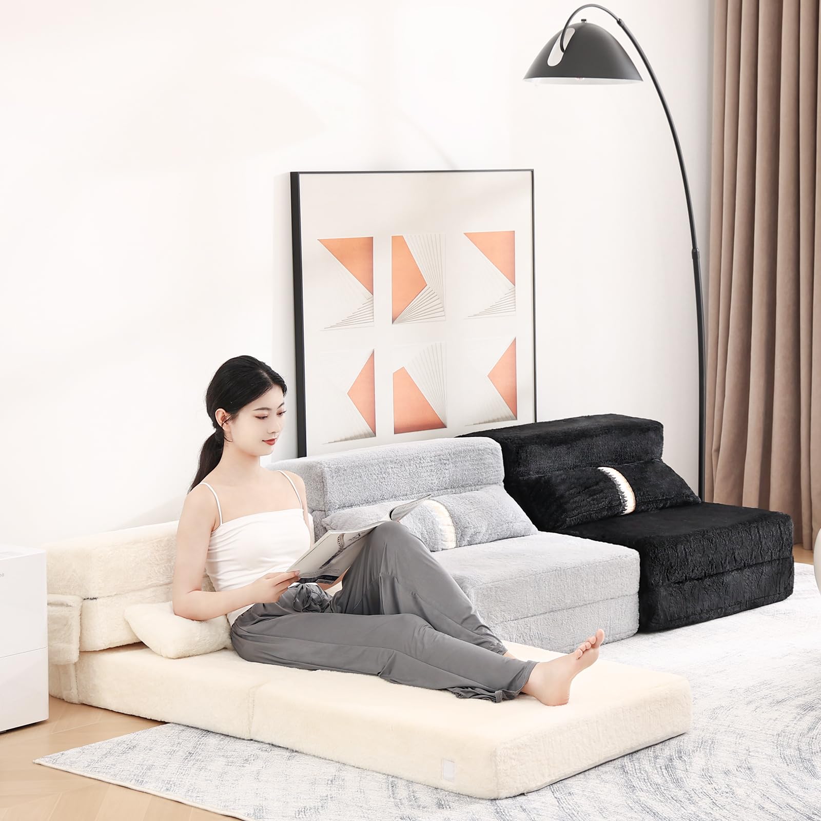 Tiita Folding Sofa Bed Couch, Single Size Foldable Futon Chair Bed with Pillow, Folding Sleeper Sofa Chair Bed Floor Mattress for Guest Room, Living Room, Black
