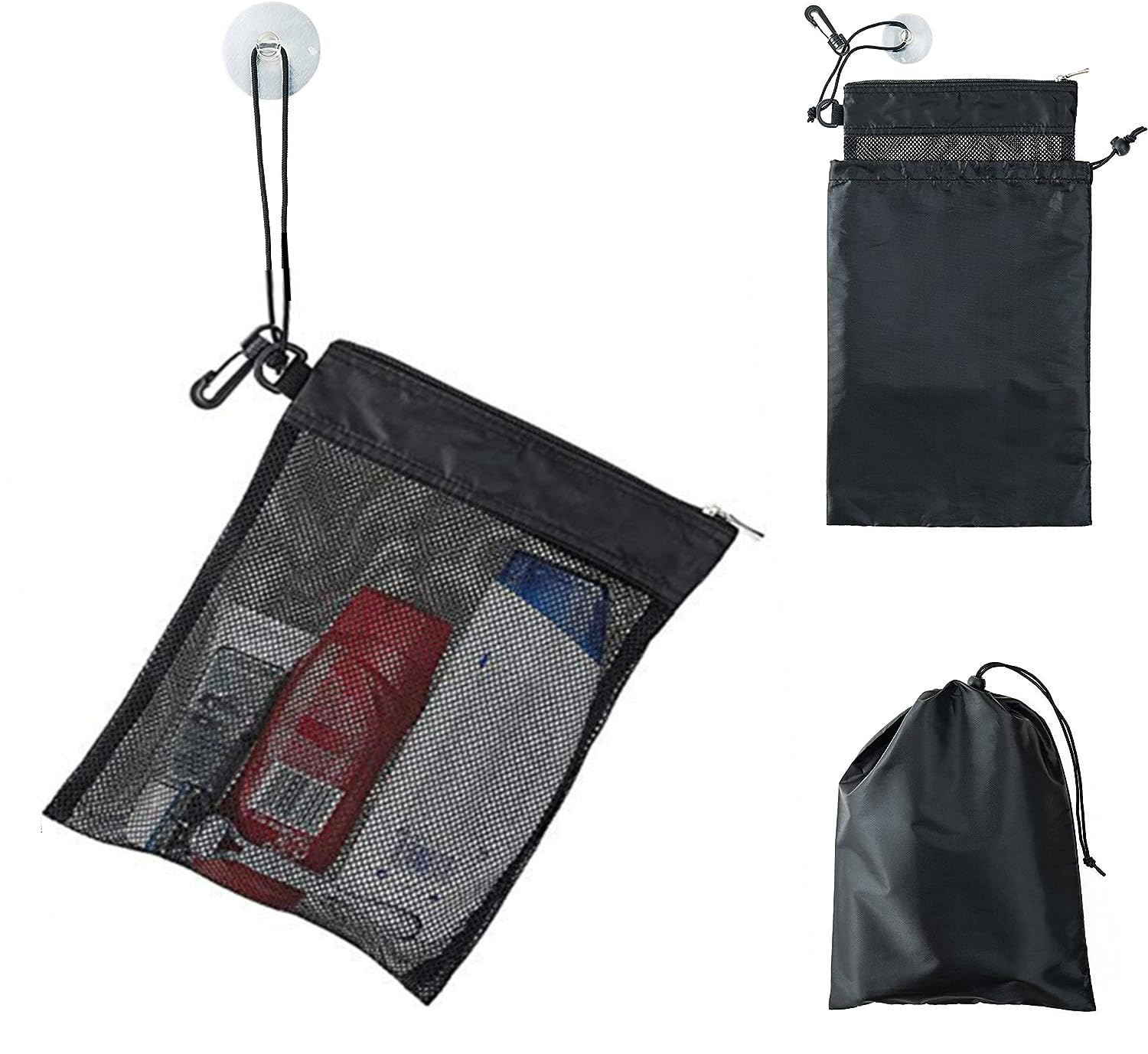 VUFVOID Shower Bag Tote, Mesh Shower Bag ,Portable Organizer, Compact and Lightweight With Suction Cup, Cord for Hanging, Zipper and Drawstring Pouch(12”L x 9”W, 14”L x 10”W)